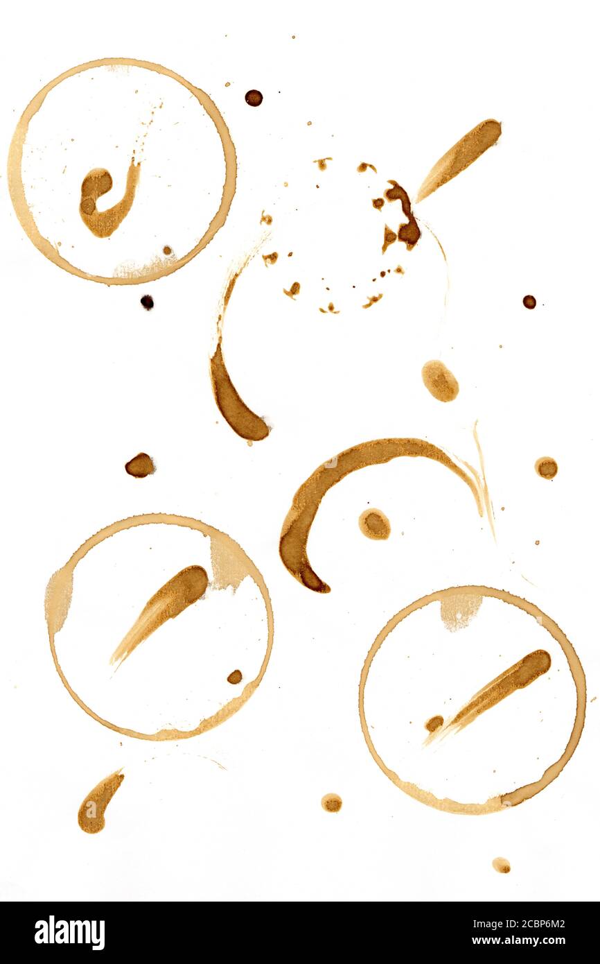 Collection of coffee splashes and stains isolated on white background ...