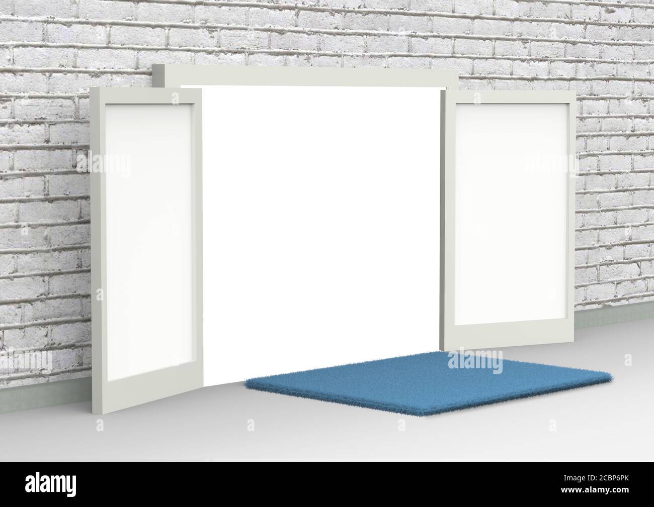 Perspective conceptual image of white opened door. Open gates in a ...