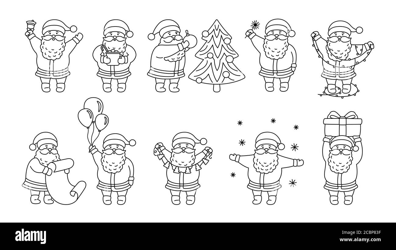 Christmas Santa Claus outline flat set. Linear collection funny happy ...