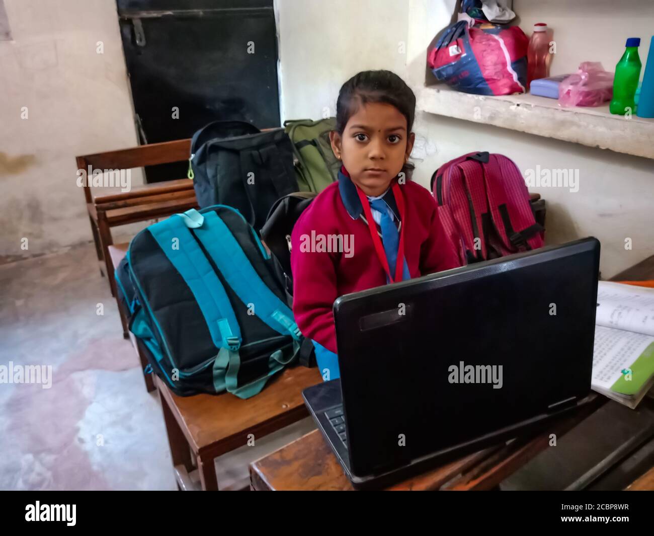 DISTRICT KATNI, INDIA - JANUARY 13, 2020: Indian primary school girl ...