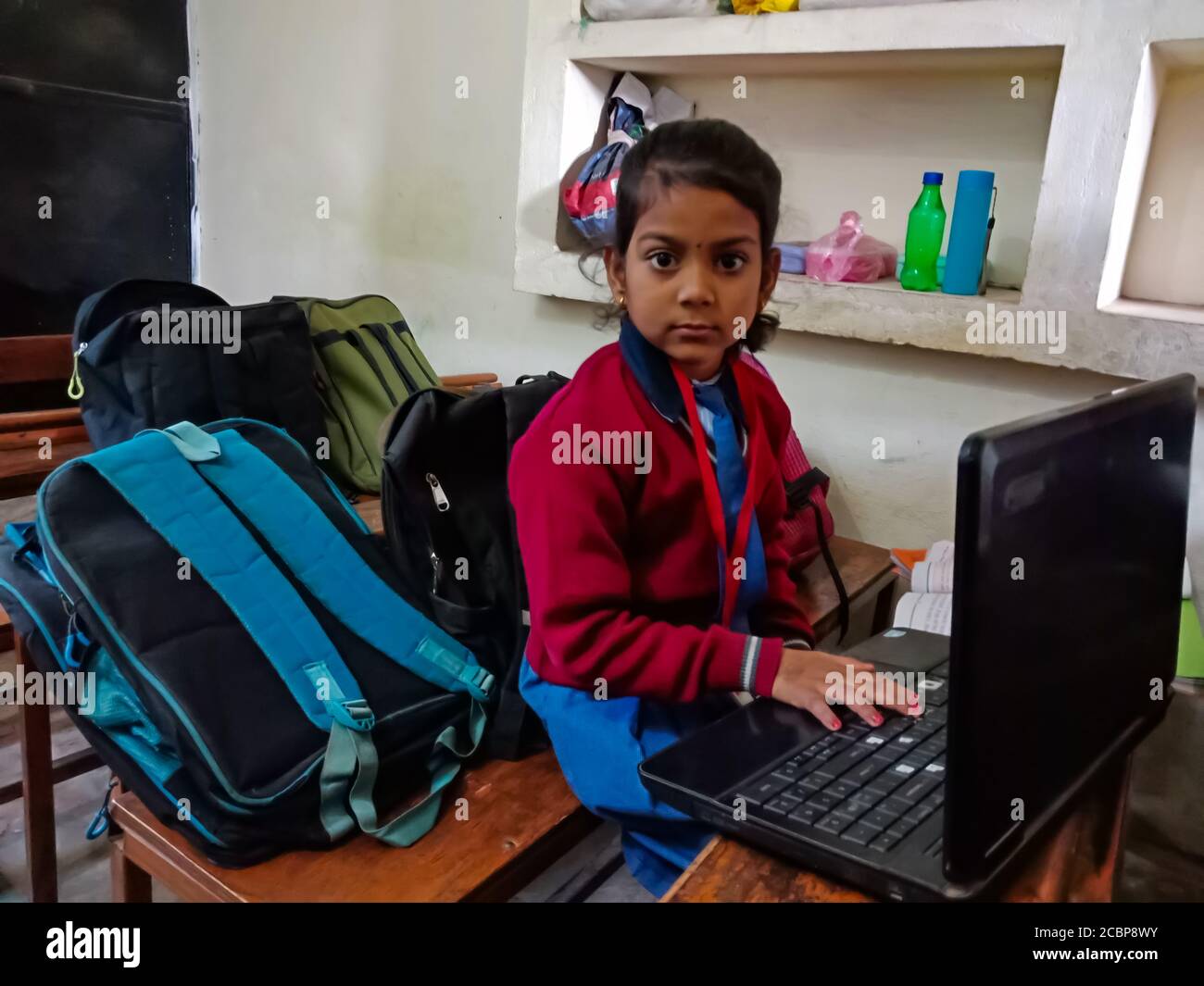 DISTRICT KATNI, INDIA - JANUARY 13, 2020: Indian primary school girl ...