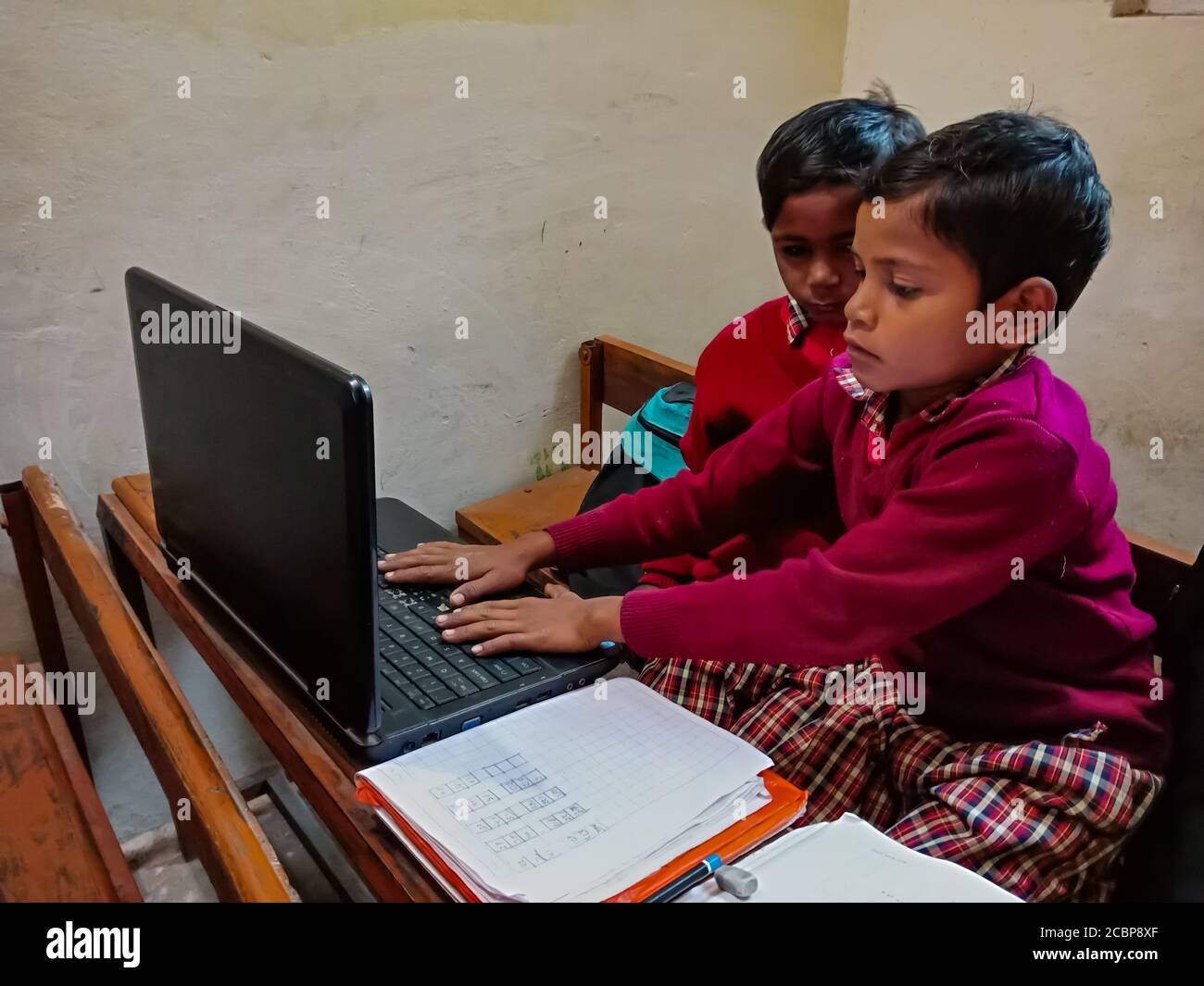 Indian School Children With Computer