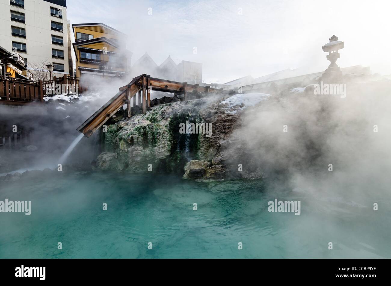 Daytime view of Yubatake, a main symbol of Kusatsu Onsen, where hot ...