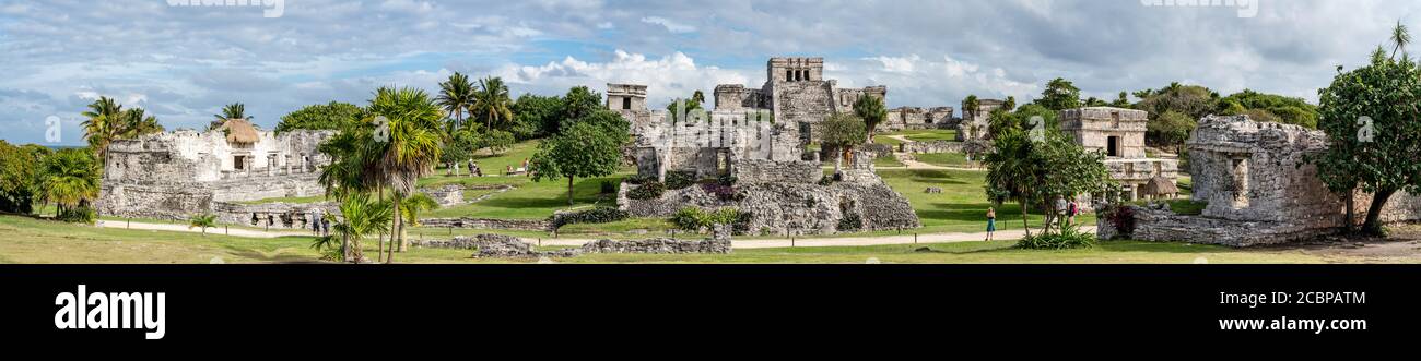 A panorama of the ruins of the Mayan city of Tulum with the Palace of ...