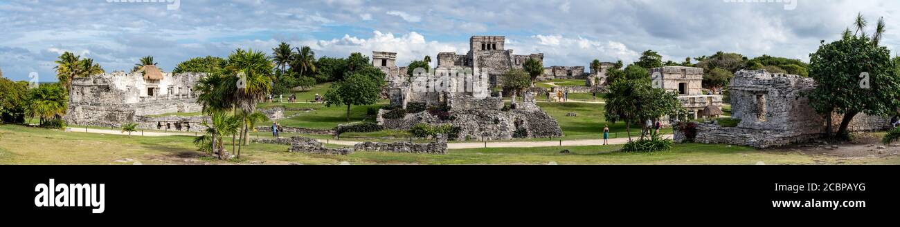 A panorama of the ruins of the Mayan city of Tulum with the Palace of ...