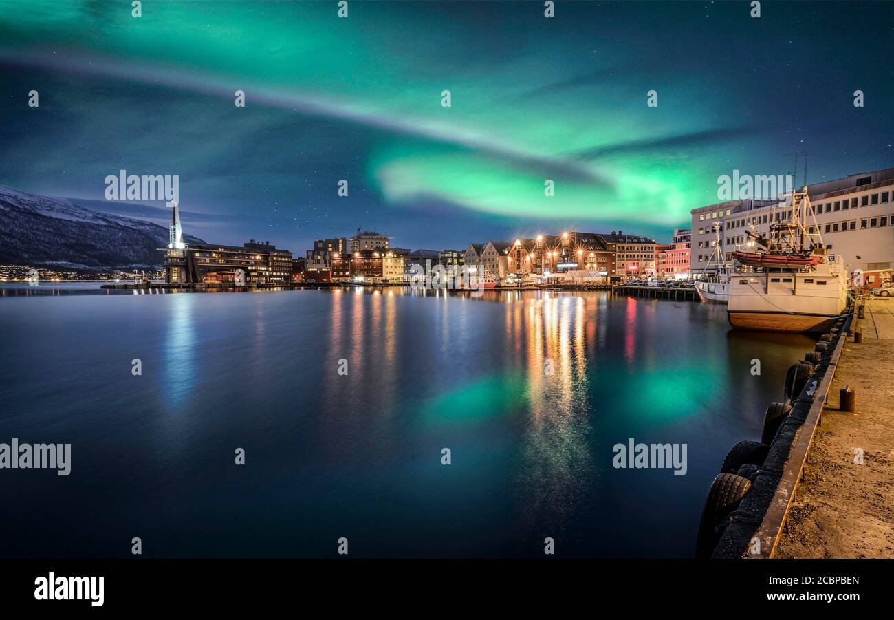 Tromso northern lights harbour hi-res stock photography and images - Alamy