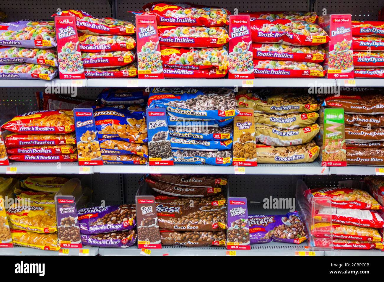 Full shelves at Walmart, supermarket, different kinds of cornflakes ...