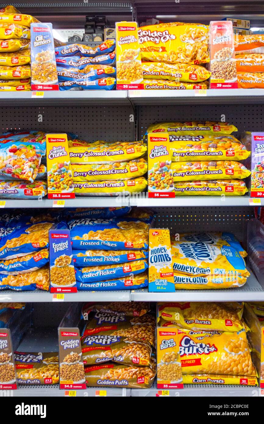 Full shelves at Walmart, supermarket, different kinds of cornflakes ...