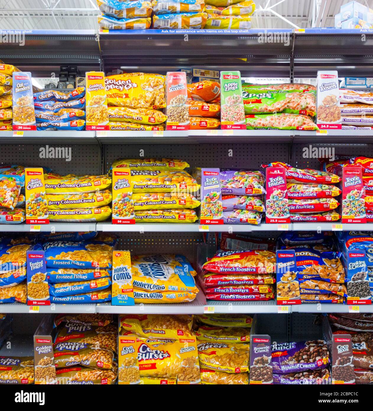 Full shelves at Walmart, supermarket, different kinds of cornflakes ...