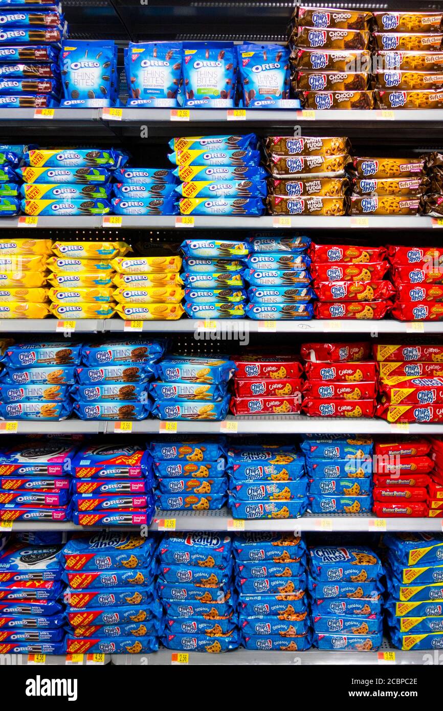 Full shelves at Walmart, supermarket, Oreo cookies, different varieties ...
