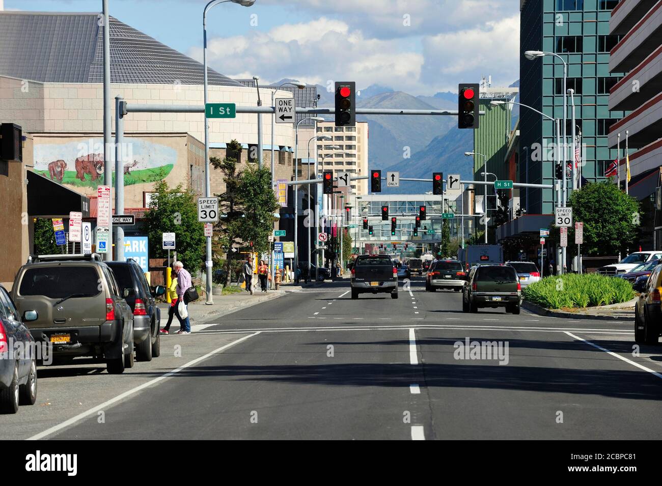 Main street with many red lights, Anchorage, Alaska, USA Stock Photo ...