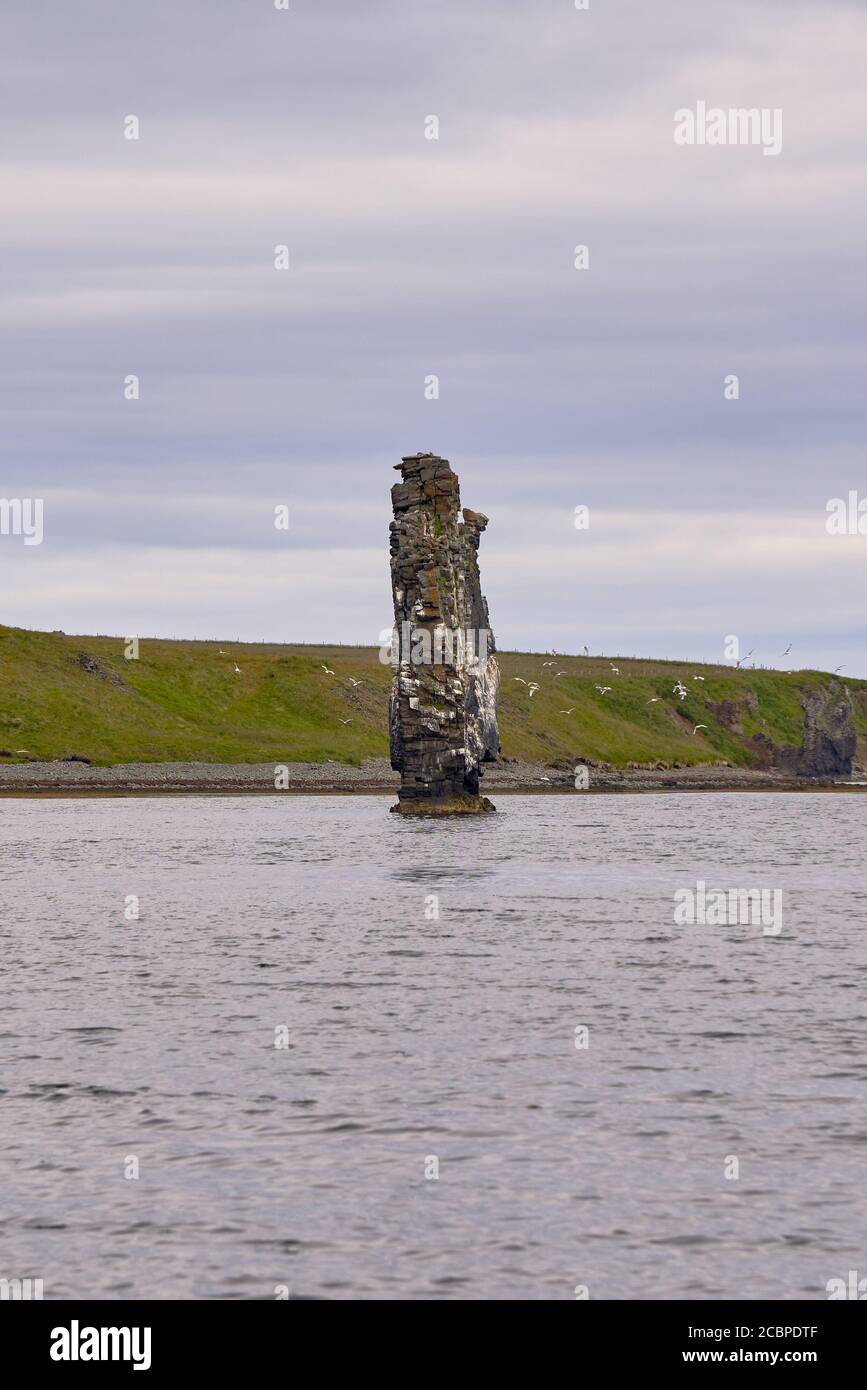 Vertical shot of a beautiful single rock formation in a clear water ...