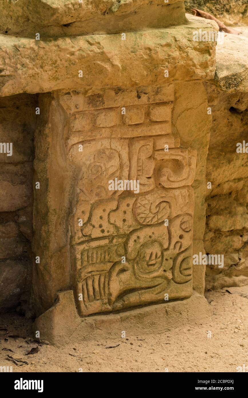 Mayan glyphs in Building 21 in the ruins of the Mayan city of Yaxchilan ...
