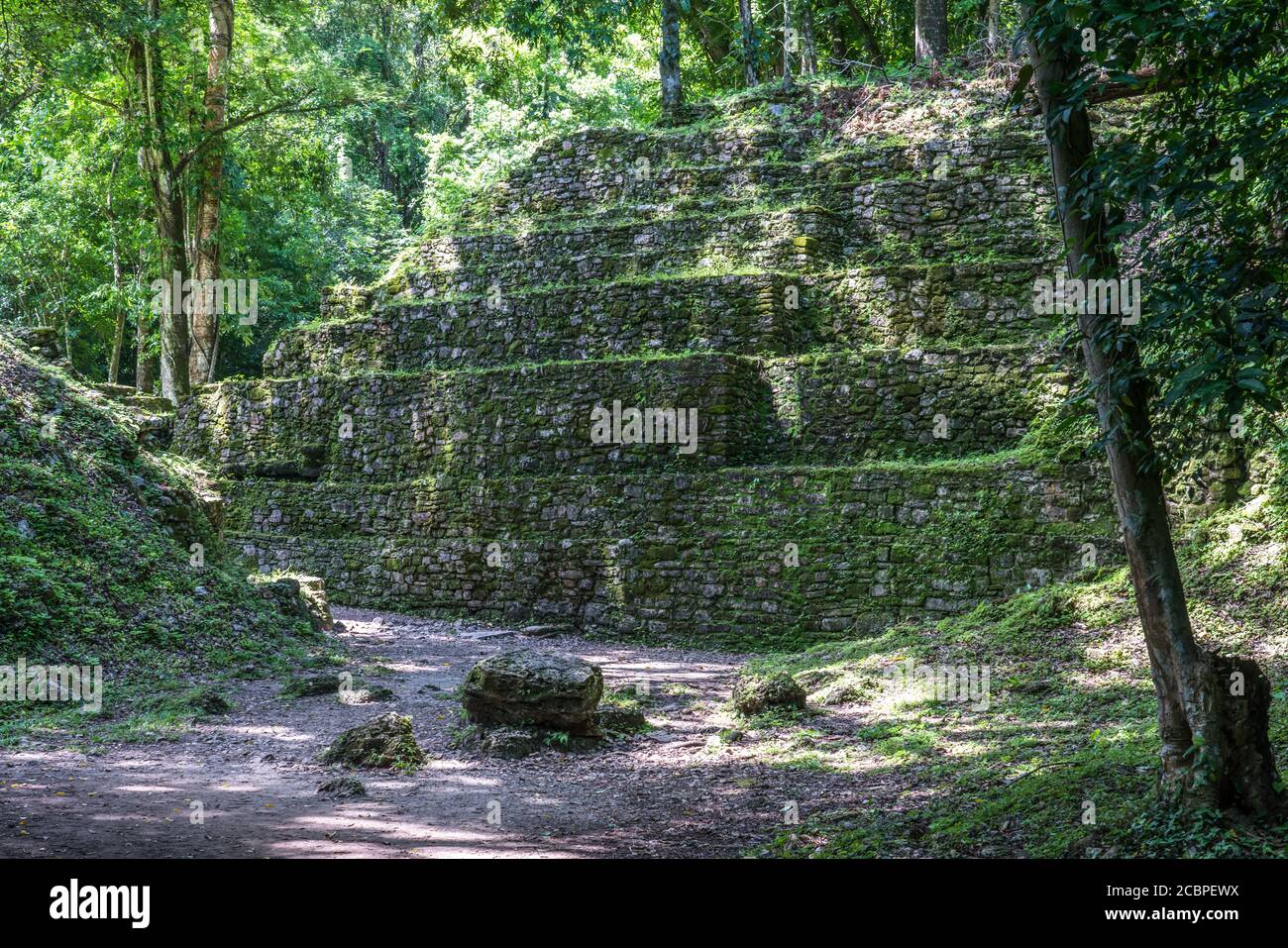The first view of the ruins of the Mayan city of Yaxchilan on the ...