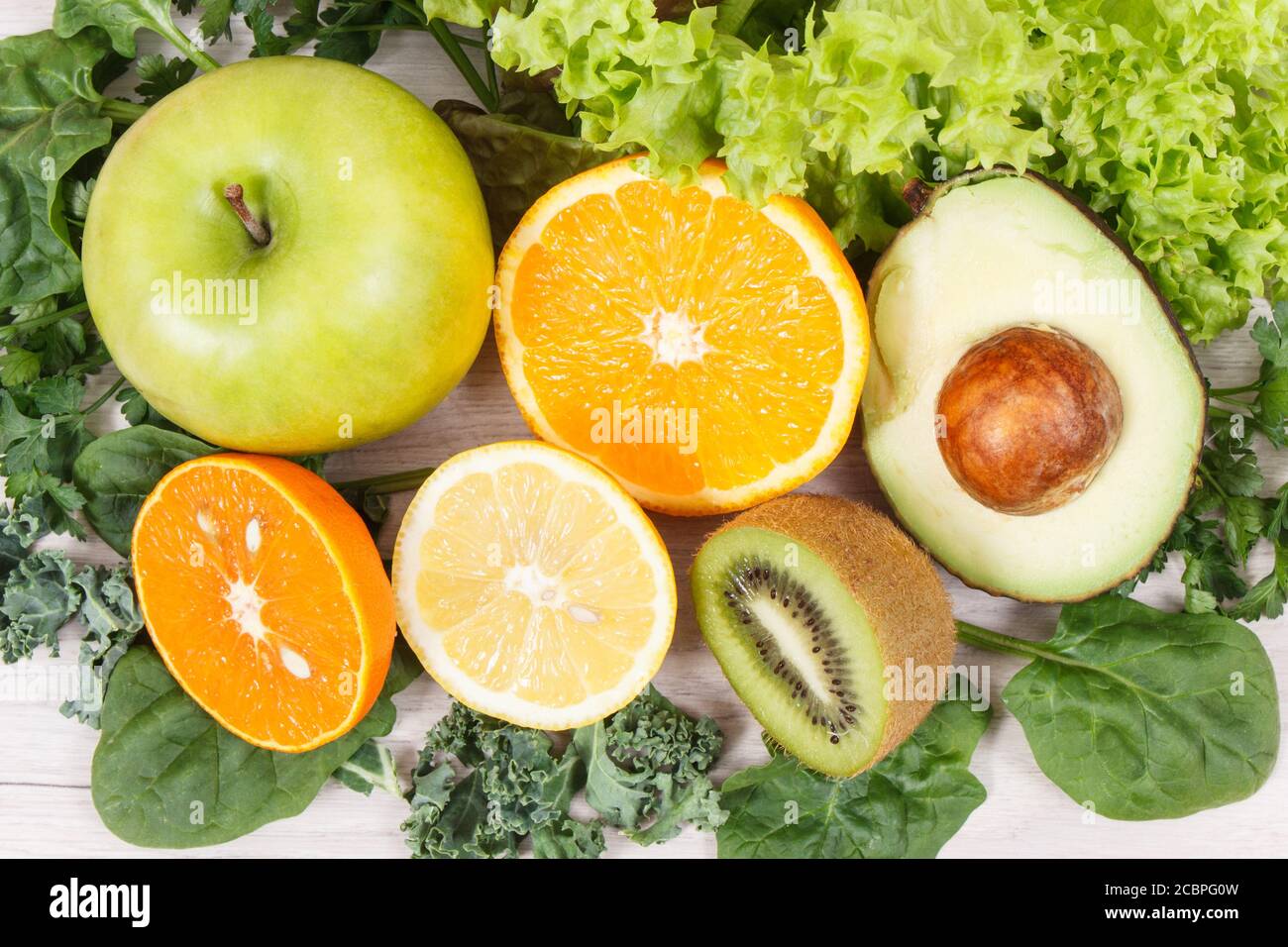 Fresh ripe natural fruits and vegetables. Nutritious food containing ...