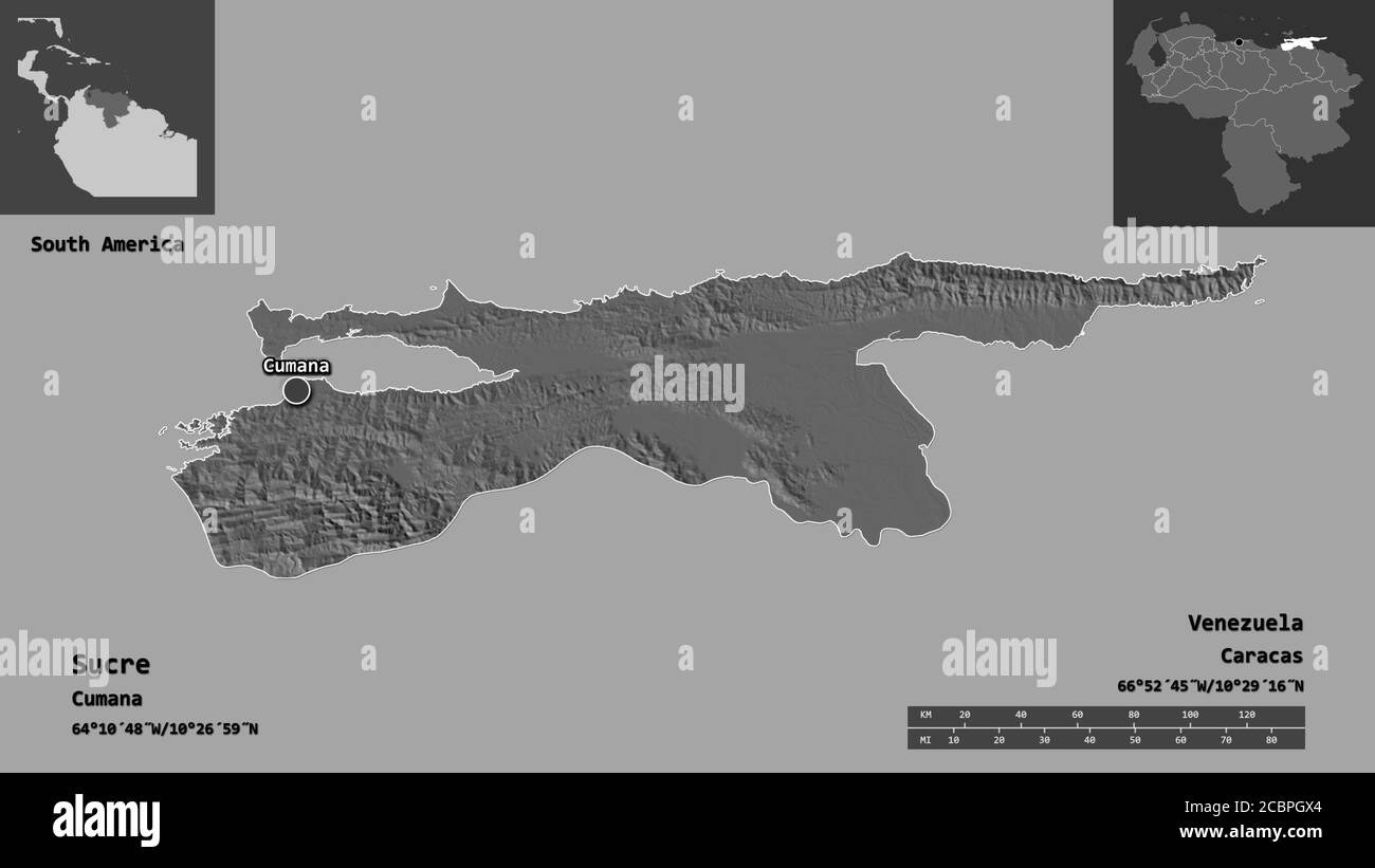 Shape of Sucre, state of Venezuela, and its capital. Distance scale ...