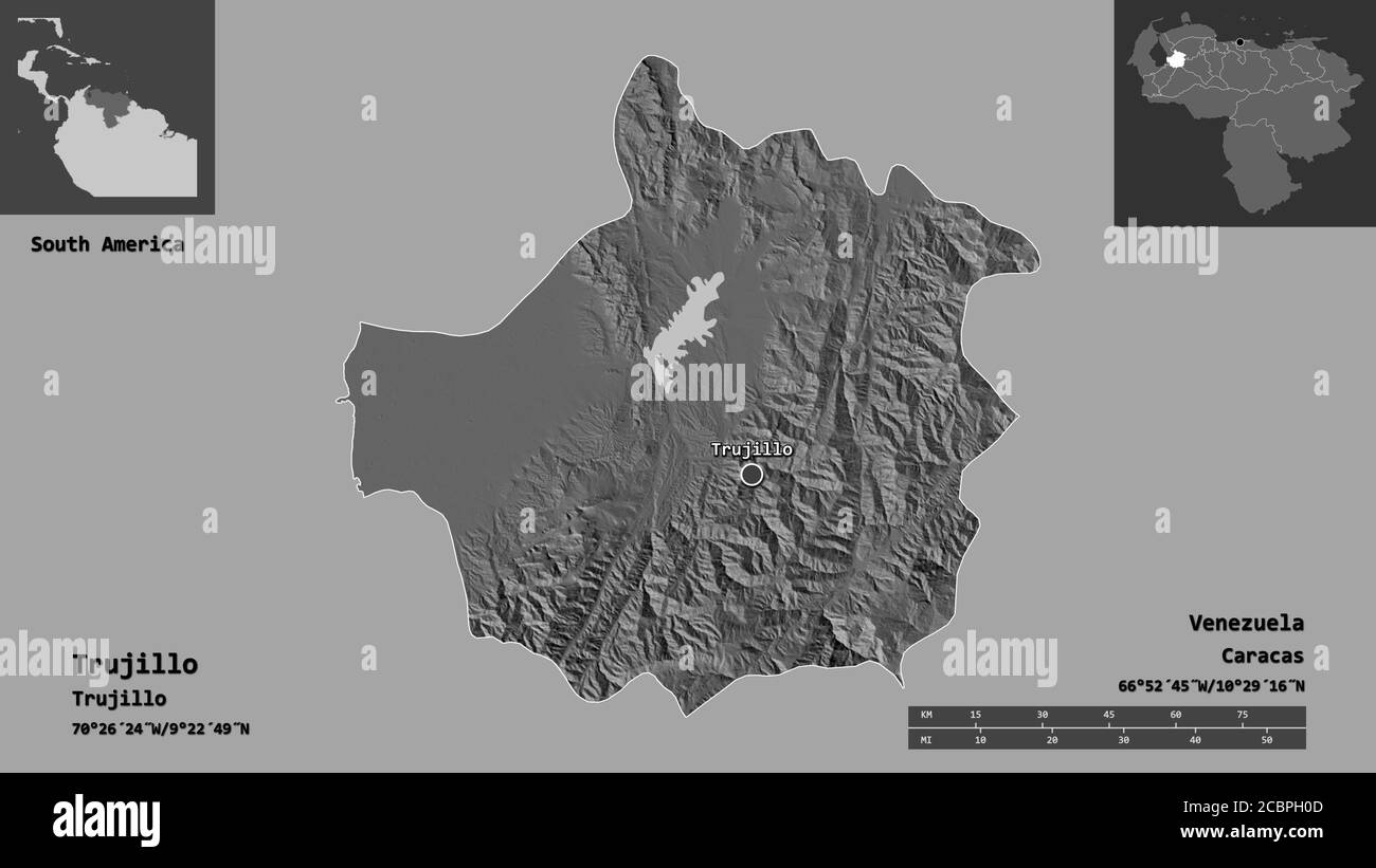 Shape of Trujillo, state of Venezuela, and its capital. Distance scale ...