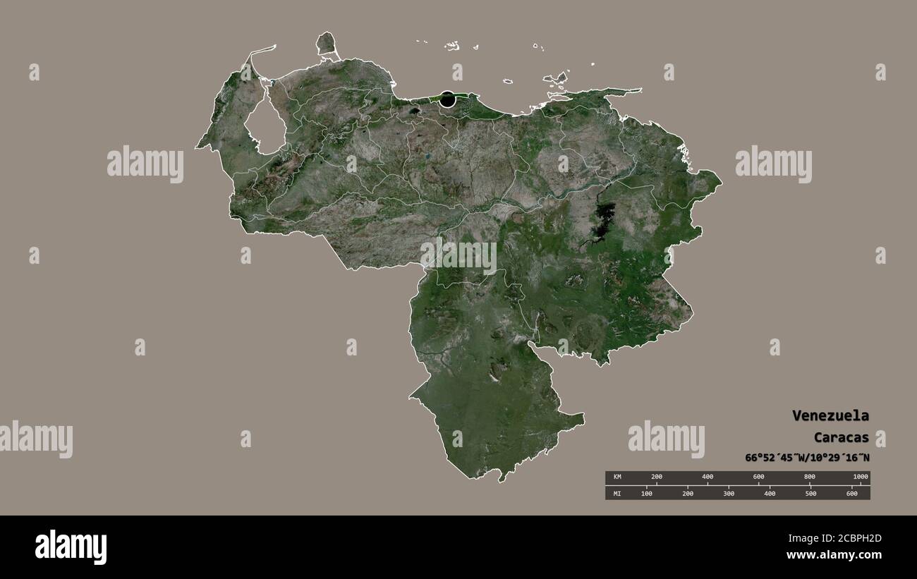 Desaturated shape of Venezuela with its capital, main regional division ...
