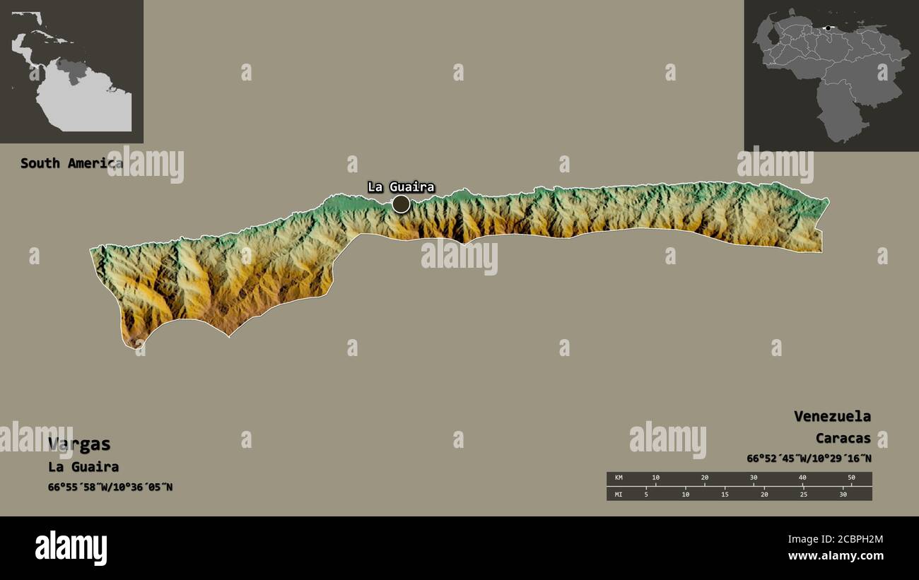 Shape of Vargas, state of Venezuela, and its capital. Distance scale ...
