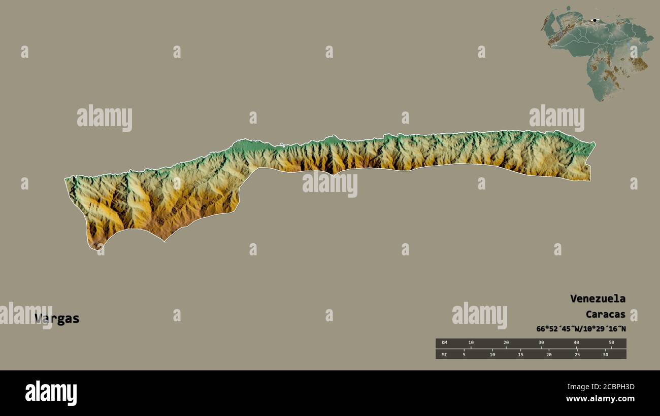 Shape of Vargas, state of Venezuela, with its capital isolated on solid ...
