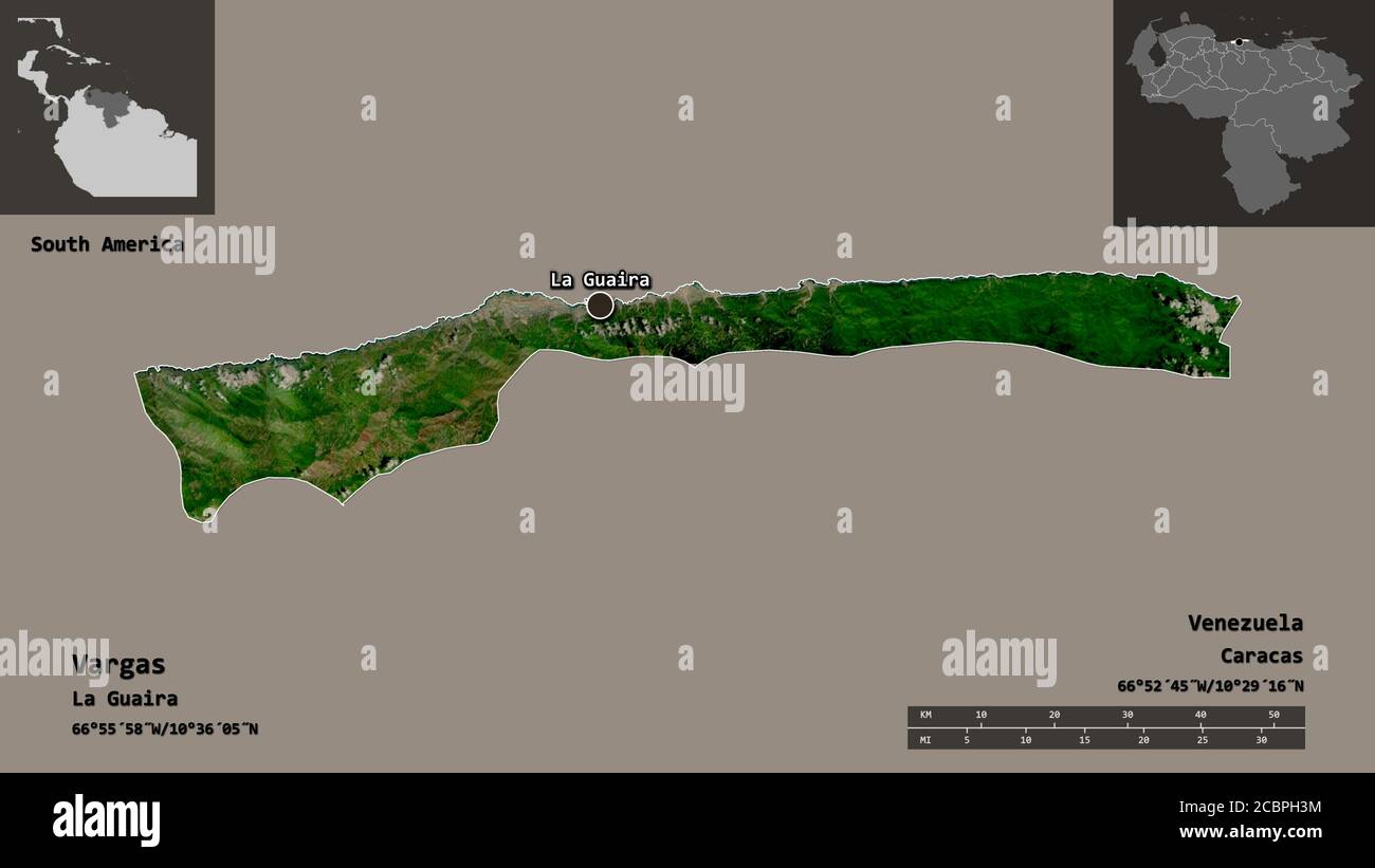 Shape of Vargas, state of Venezuela, and its capital. Distance scale ...