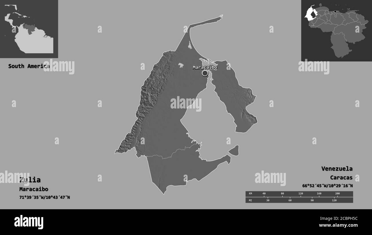 Shape of Zulia, state of Venezuela, and its capital. Distance scale ...