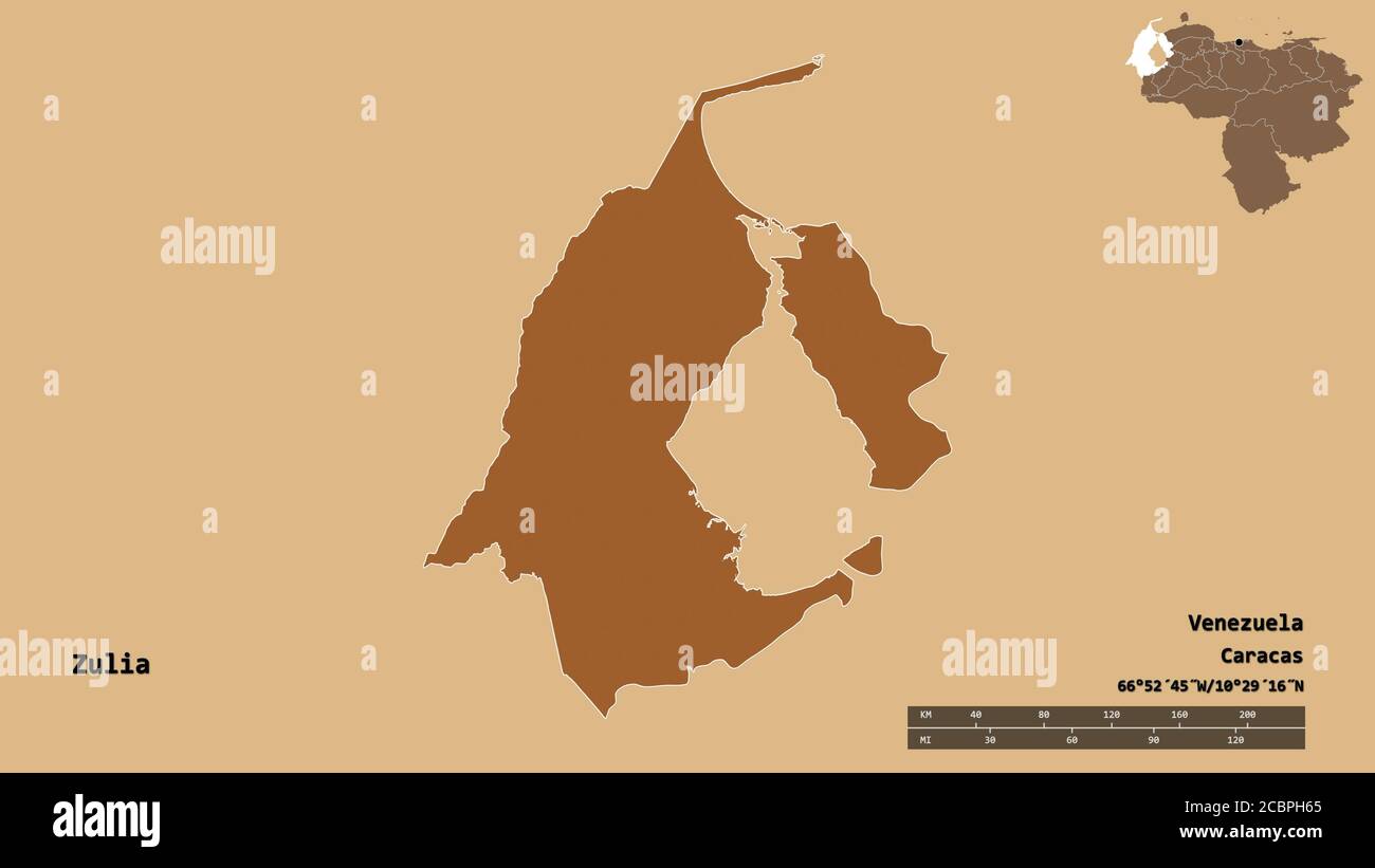 Shape of Zulia, state of Venezuela, with its capital isolated on solid ...