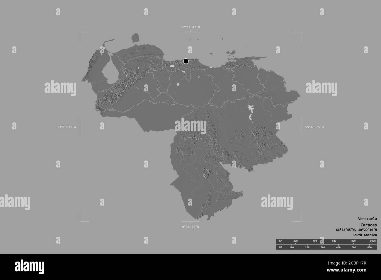 Area of Venezuela isolated on a solid background in a georeferenced ...