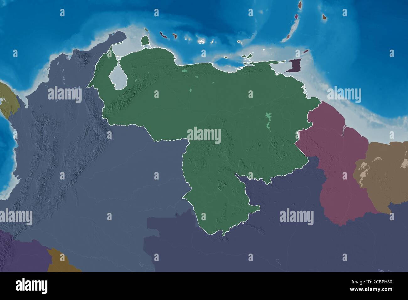 Extended area of outlined Venezuela. Colored elevation map. 3D ...