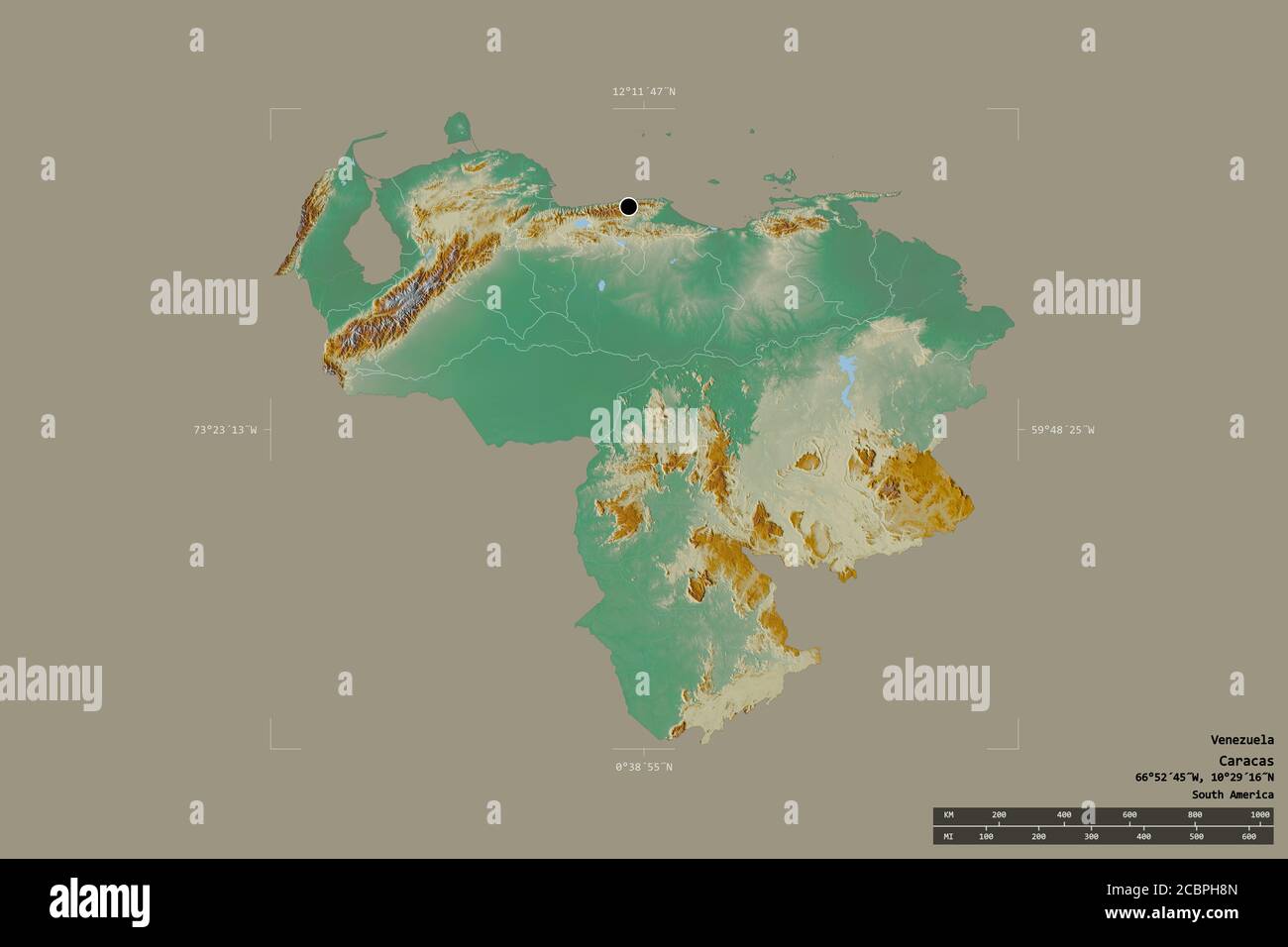 Area of Venezuela isolated on a solid background in a georeferenced ...