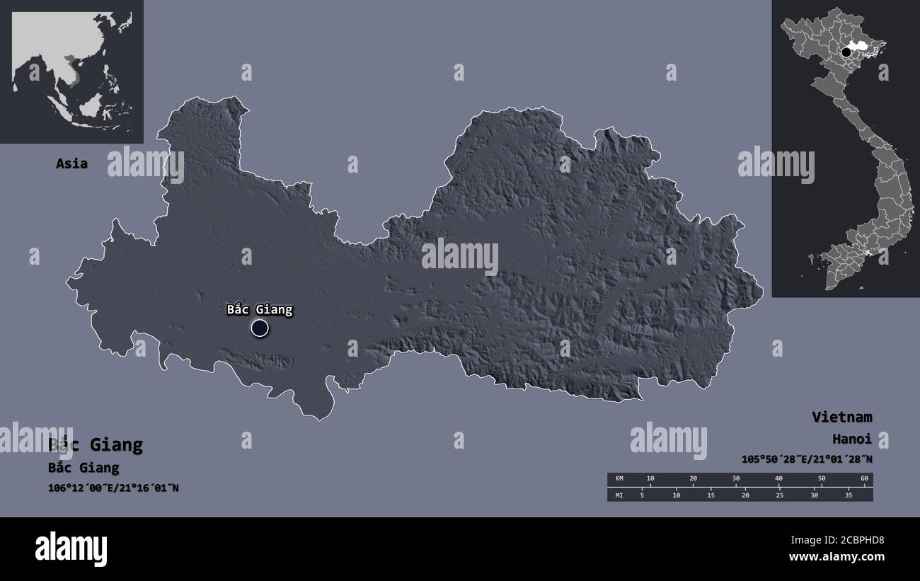 Shape of Bắc Giang, province of Vietnam, and its capital. Distance ...