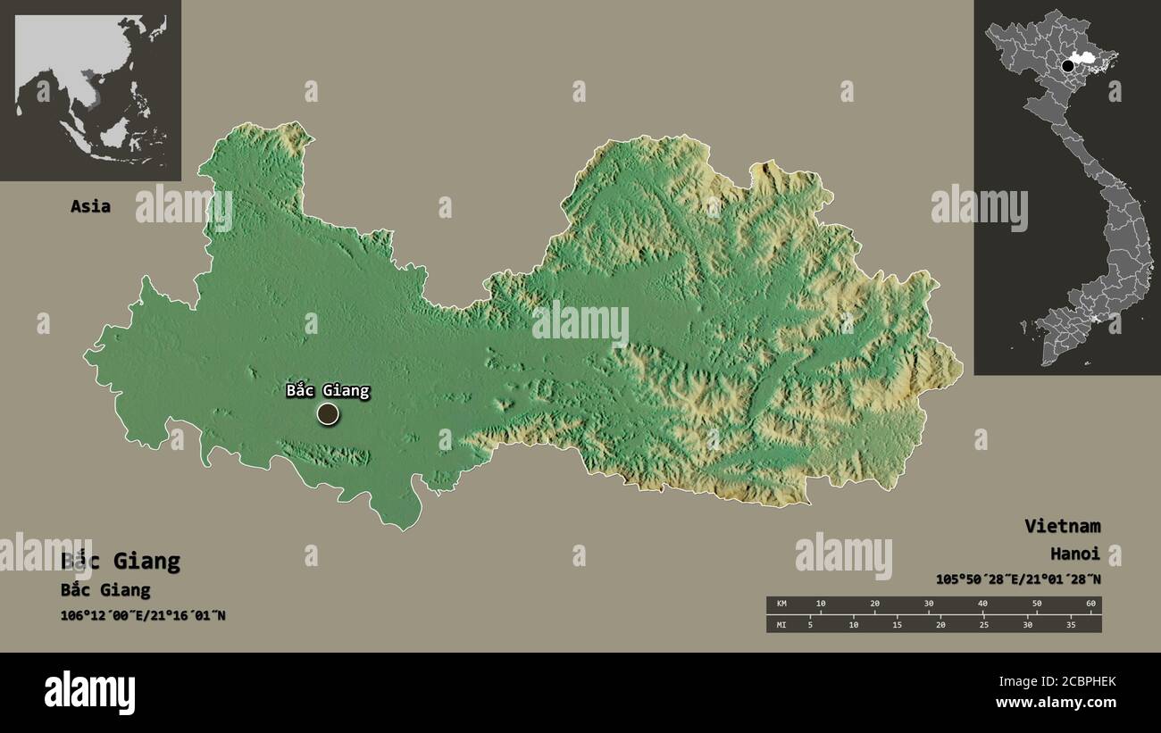 Shape of Bắc Giang, province of Vietnam, and its capital. Distance ...