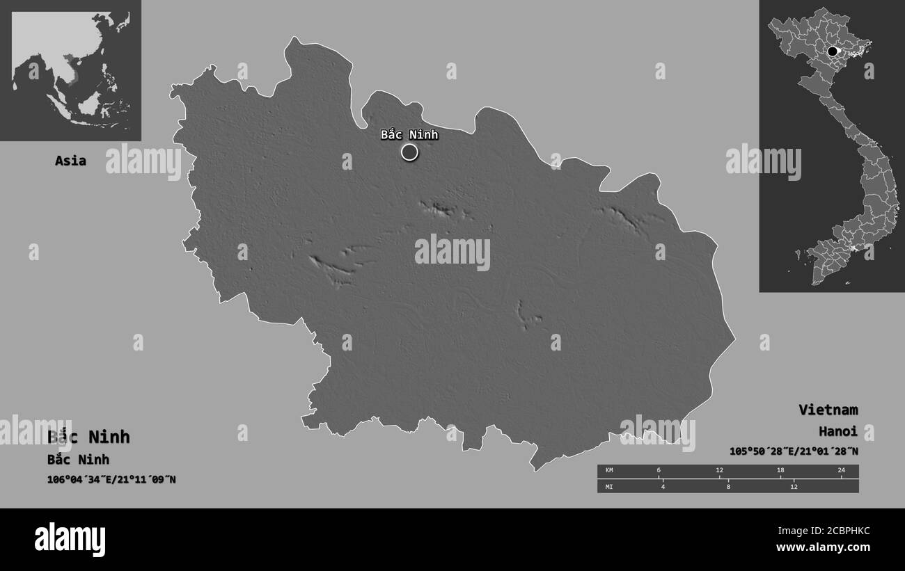 Shape of Bắc Ninh, province of Vietnam, and its capital. Distance scale ...