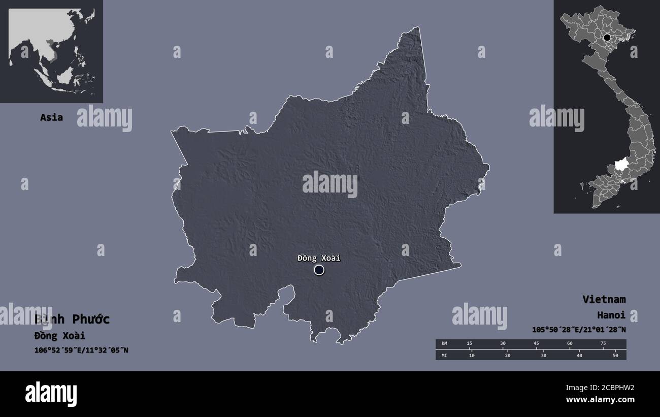 Shape of Bình Phước, province of Vietnam, and its capital. Distance ...