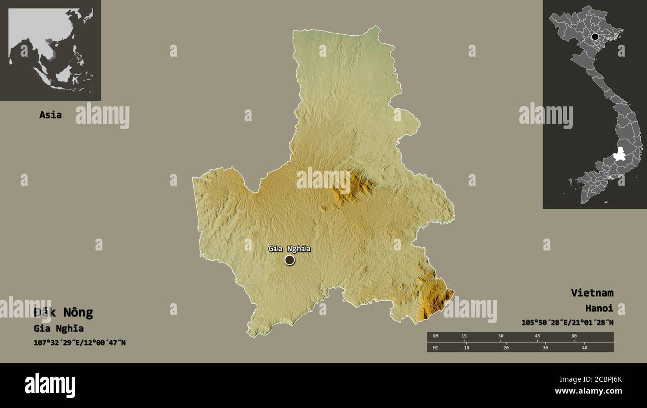 Shape of Đăk Nông, province of Vietnam, and its capital. Distance scale ...
