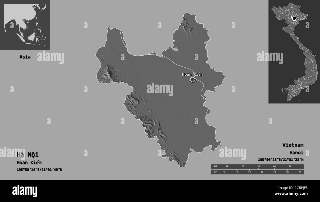 Shape of Hà Nội, city of Vietnam, and its capital. Distance scale ...