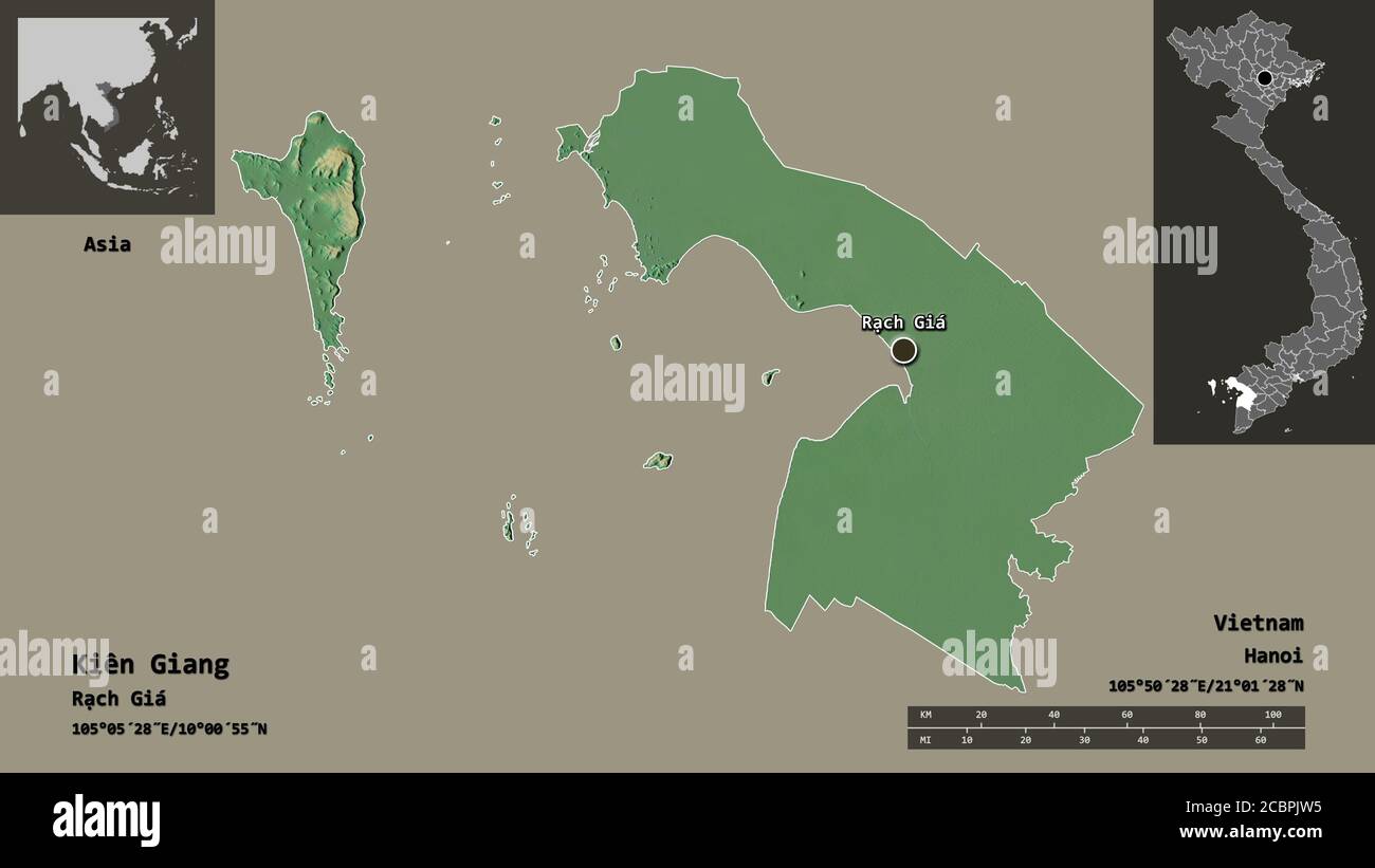 Shape of Kiên Giang, province of Vietnam, and its capital. Distance ...