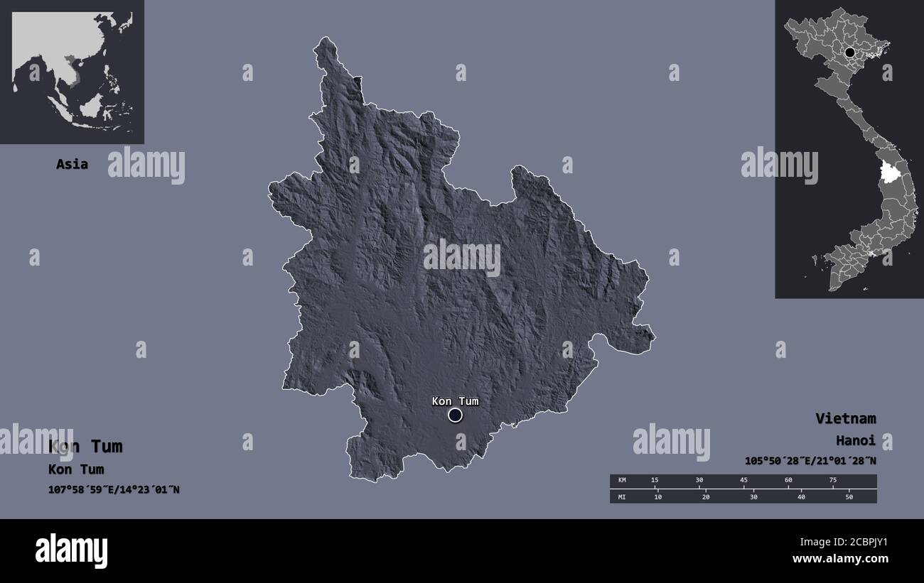 Shape of Kon Tum, province of Vietnam, and its capital. Distance scale ...