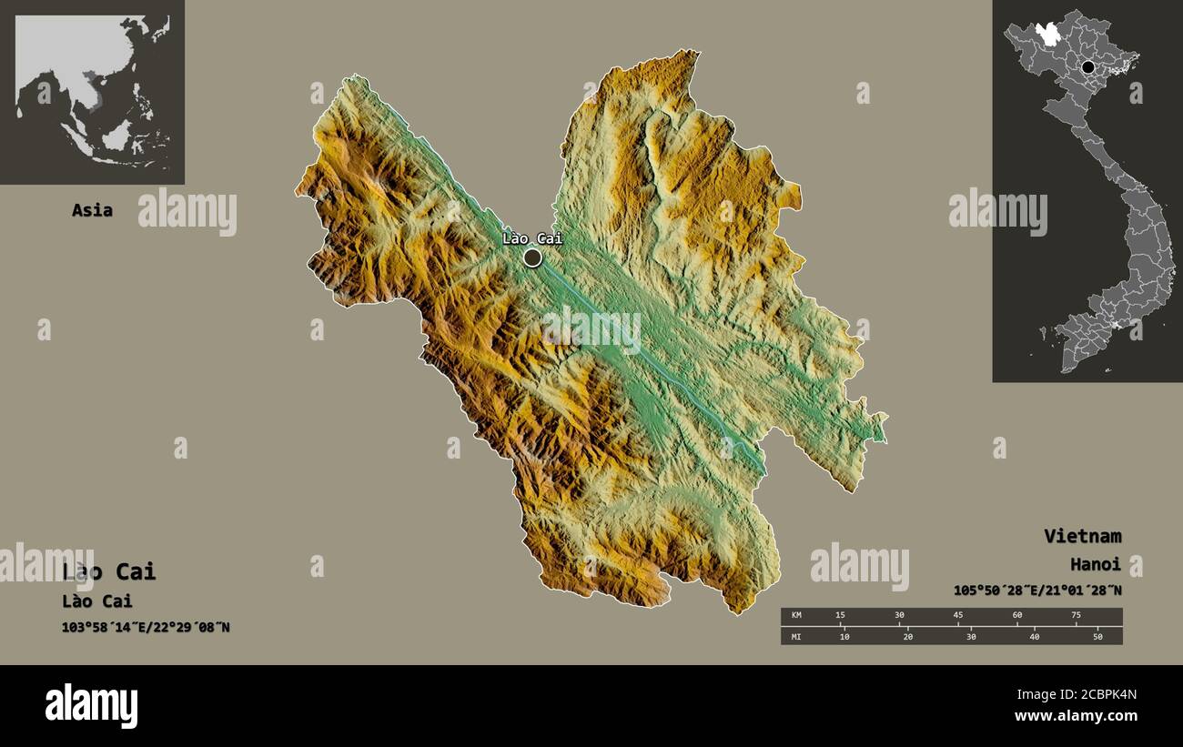 Shape of Lào Cai, province of Vietnam, and its capital. Distance scale ...
