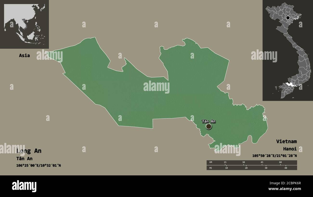 Shape of Long An, province of Vietnam, and its capital. Distance scale ...