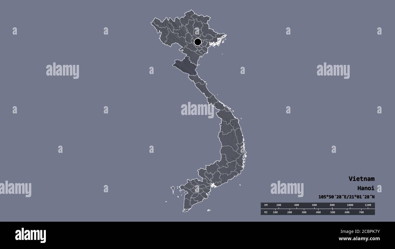Desaturated shape of Vietnam with its capital, main regional division ...