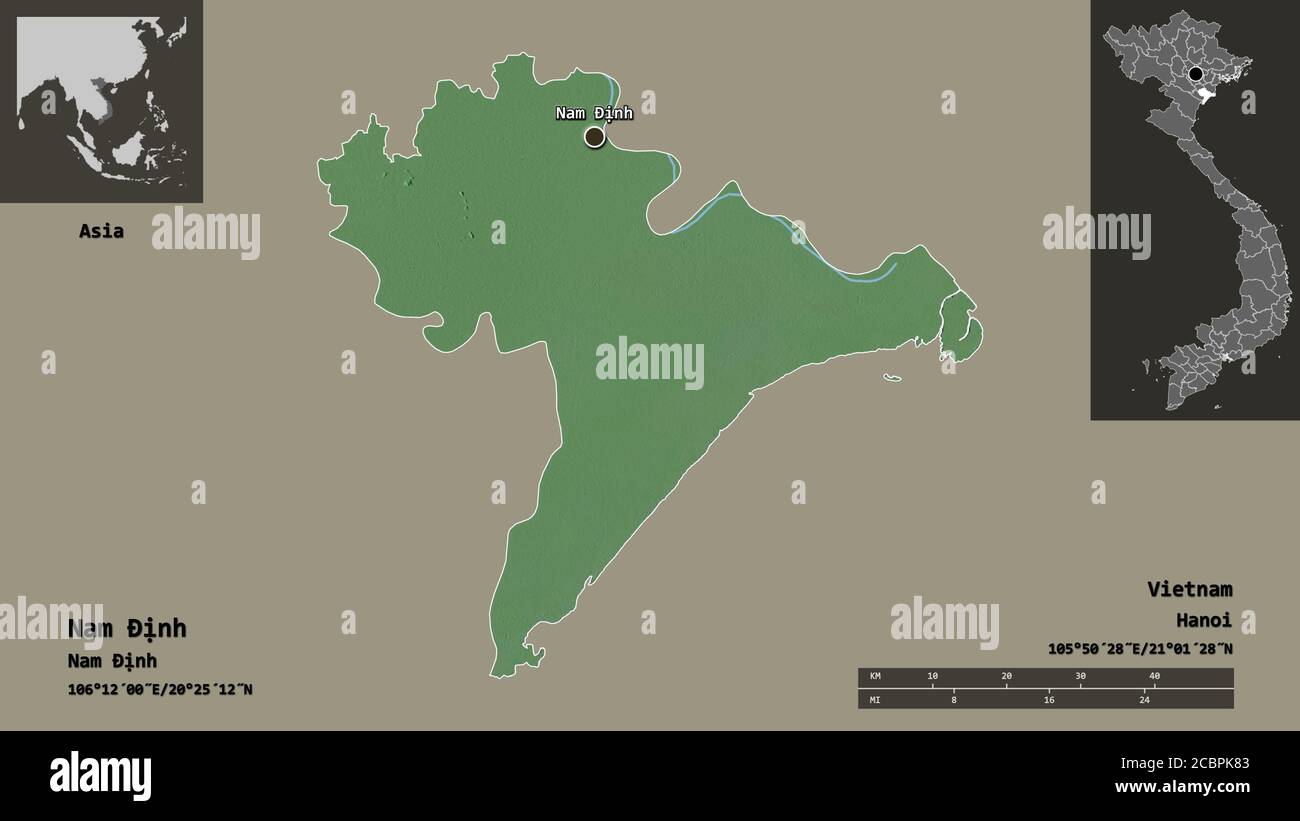 Shape of Nam Định, province of Vietnam, and its capital. Distance scale ...