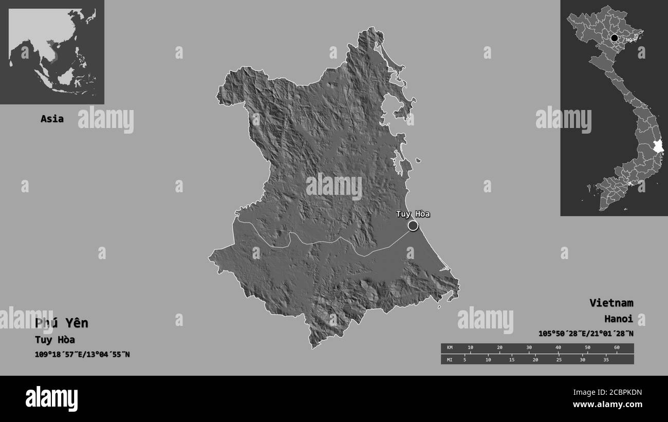 Shape of Phú Yên, province of Vietnam, and its capital. Distance scale ...
