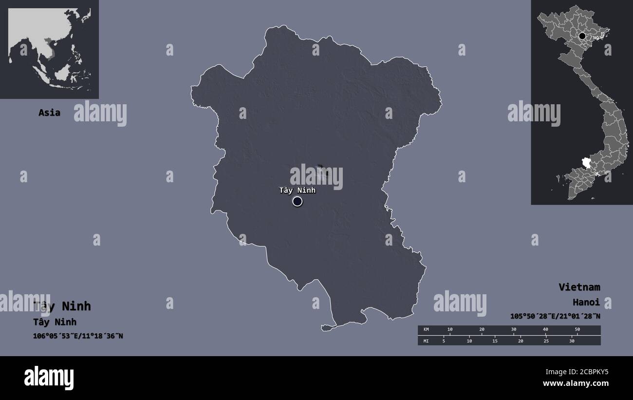 Shape of Tây Ninh, province of Vietnam, and its capital. Distance scale ...