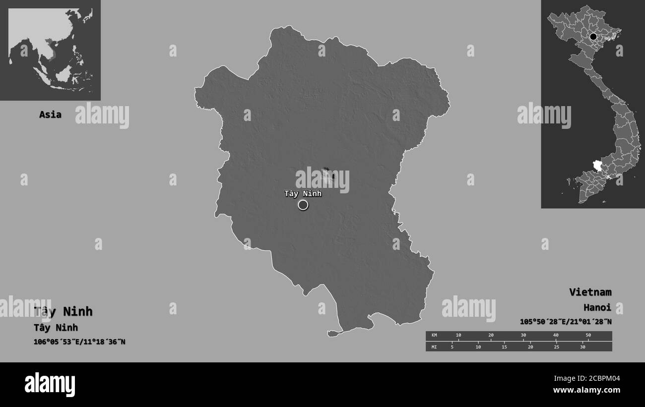 Shape of Tây Ninh, province of Vietnam, and its capital. Distance scale ...