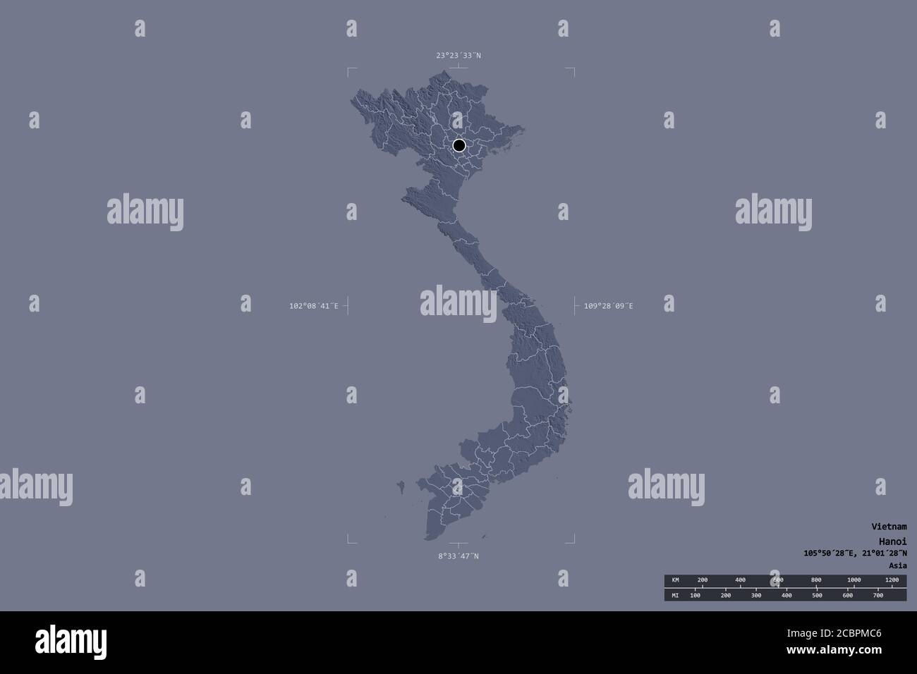 Area of Vietnam isolated on a solid background in a georeferenced ...
