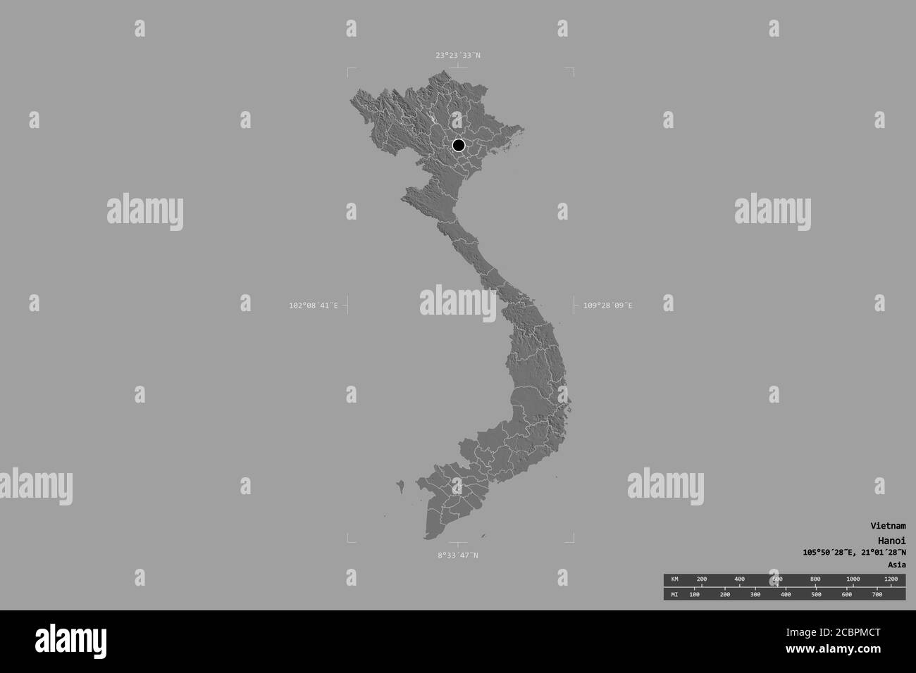 Area of Vietnam isolated on a solid background in a georeferenced ...