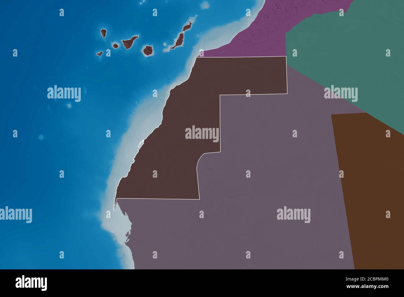 Extended area of outlined Western Sahara. Colored elevation map. 3D ...