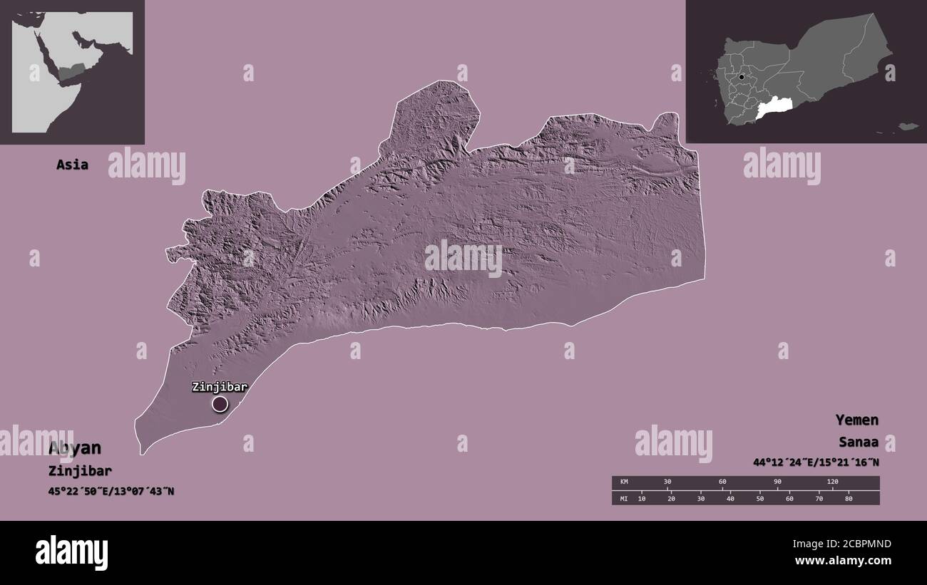 Shape of Abyan, governorate of Yemen, and its capital. Distance scale ...