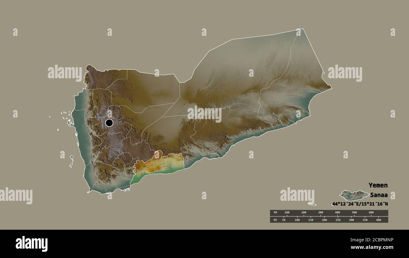 Desaturated shape of Yemen with its capital, main regional division and ...